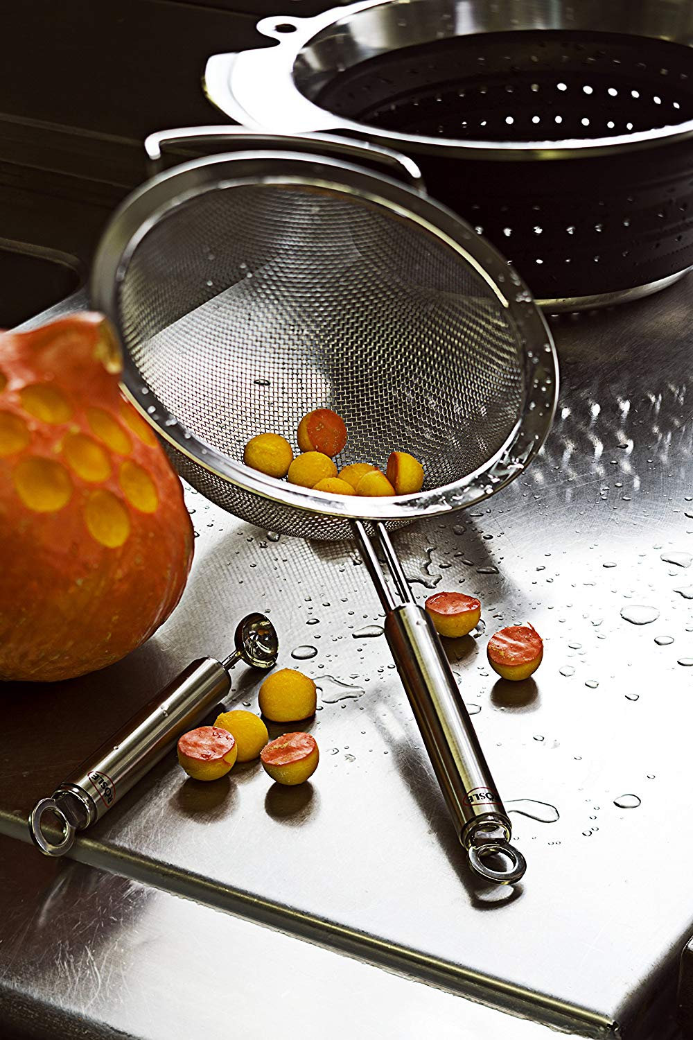 Rosle Stainless Steel Round Handle Coarse Mesh Kitchen Strainer, 7.9 ...