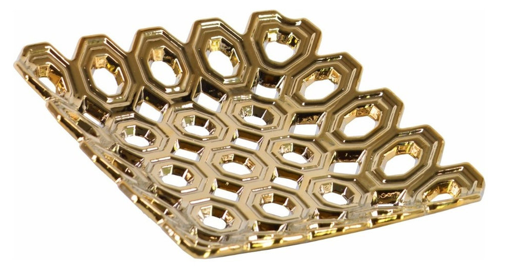 Perforated Circle Patterned Square Concave Tray, Ceramic, Chrome Gold ...