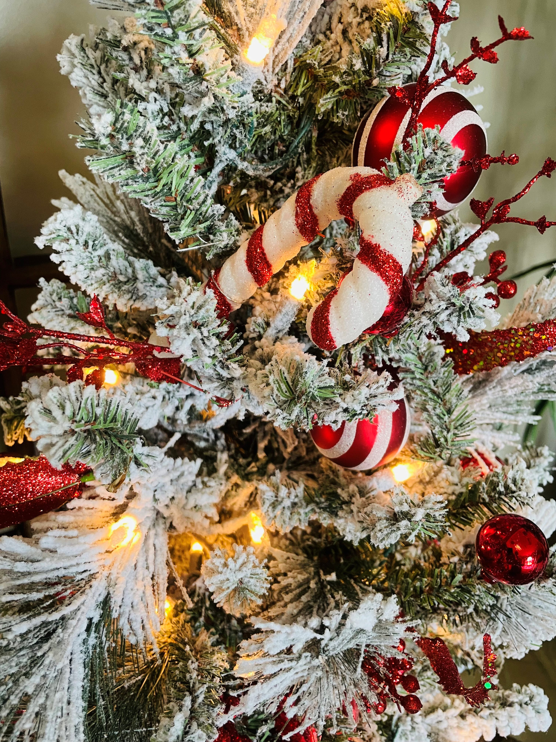 Flocked Lighted Table Top Tree With Red and White Ornaments, 36 ...