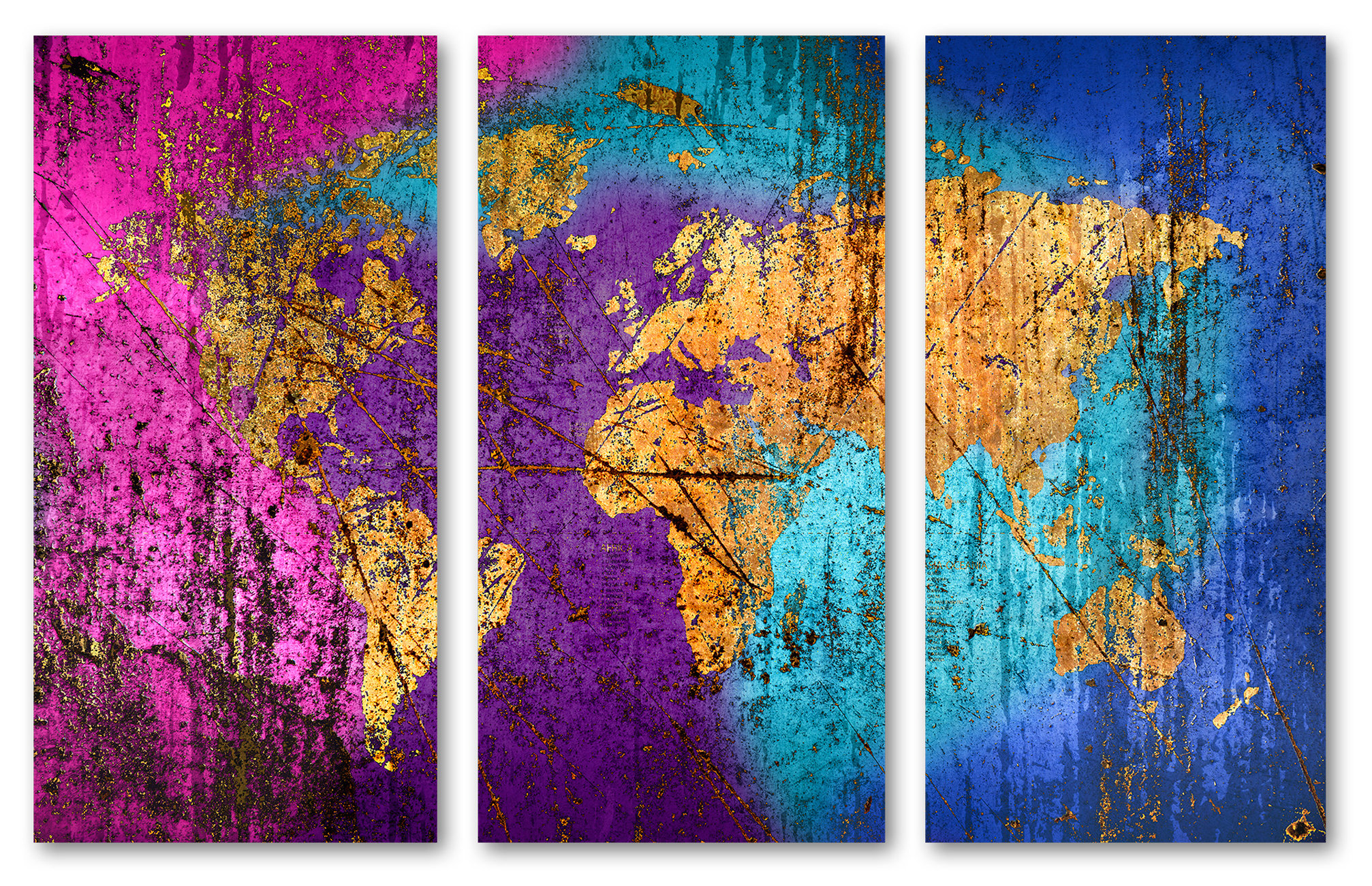 Abstract Mixed Art World Map, Canvas Print, 3 Panel Split, Triptych Wall Art, 45x30 ...