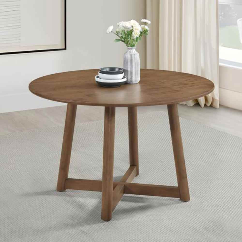 Round Wooden Dining Table With Interlocking Open Leg, Light Walnut ...