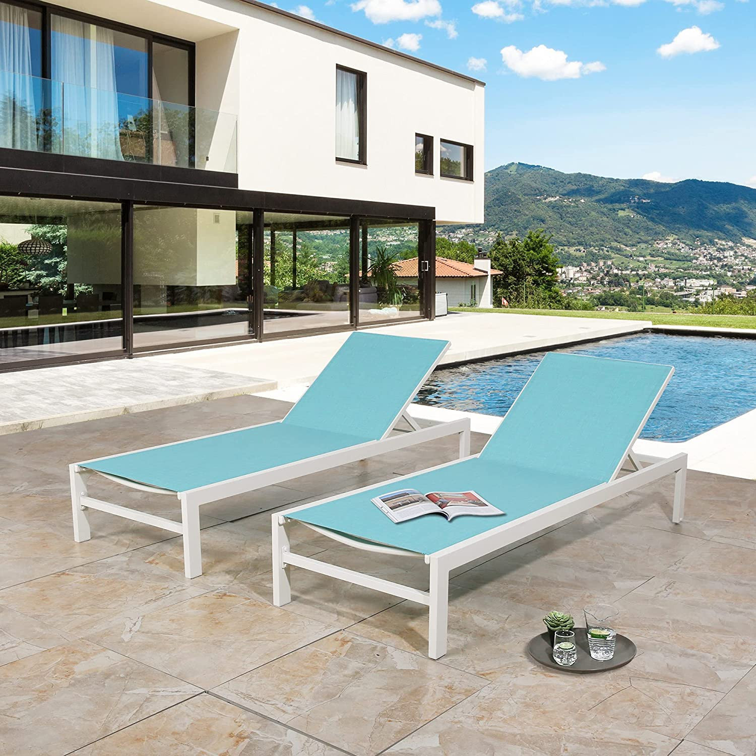 2 Pack Patio Chaise Lounge, Aluminum Frame With Adjustable Mesh Seat ...