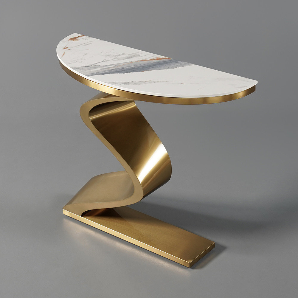 39.4" White/Gold Curved Console Table With Sintered Stone Top Half Moon ...