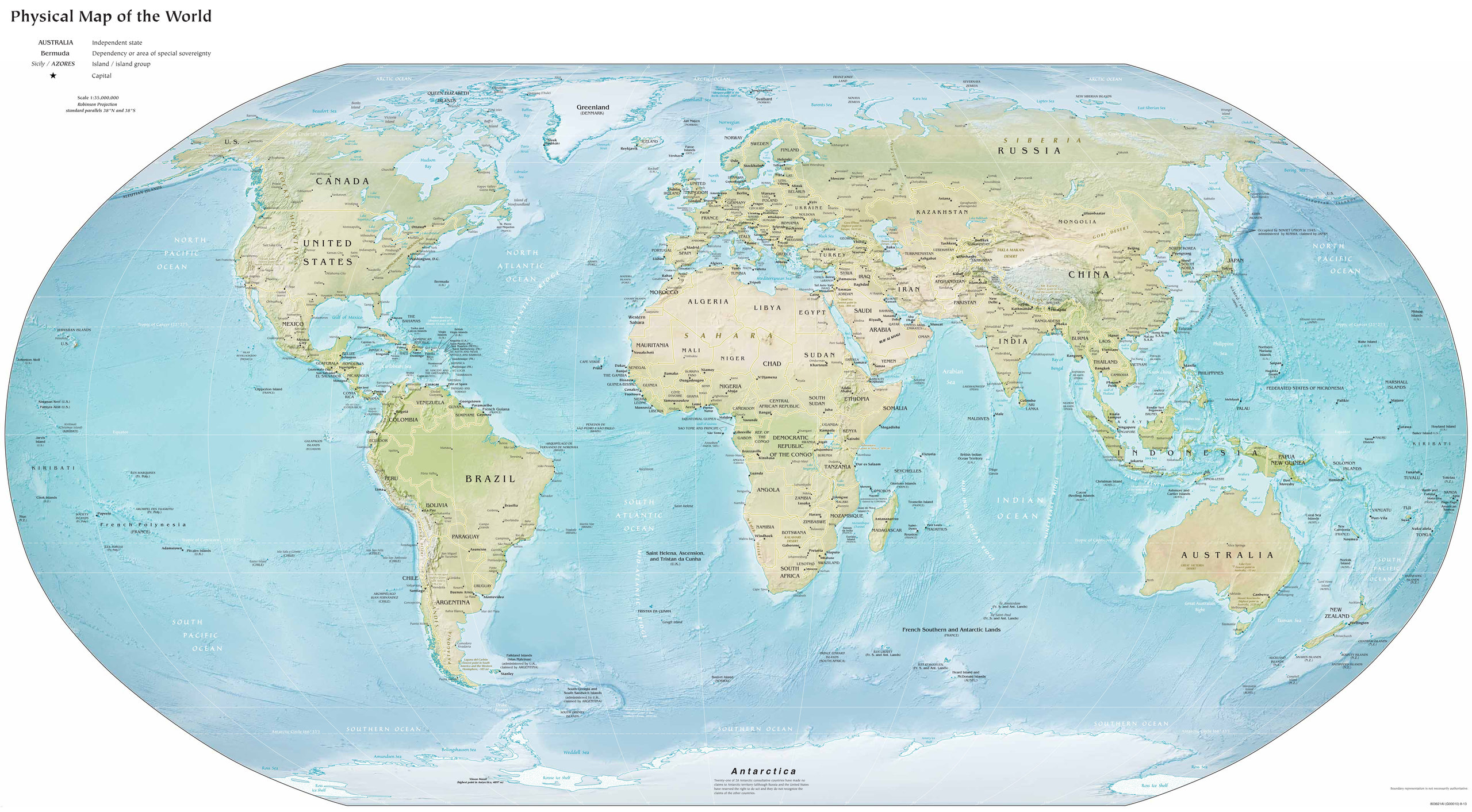 World Map, Physical, Peel & Stick Removable Wall Decal, 21"x42 ...
