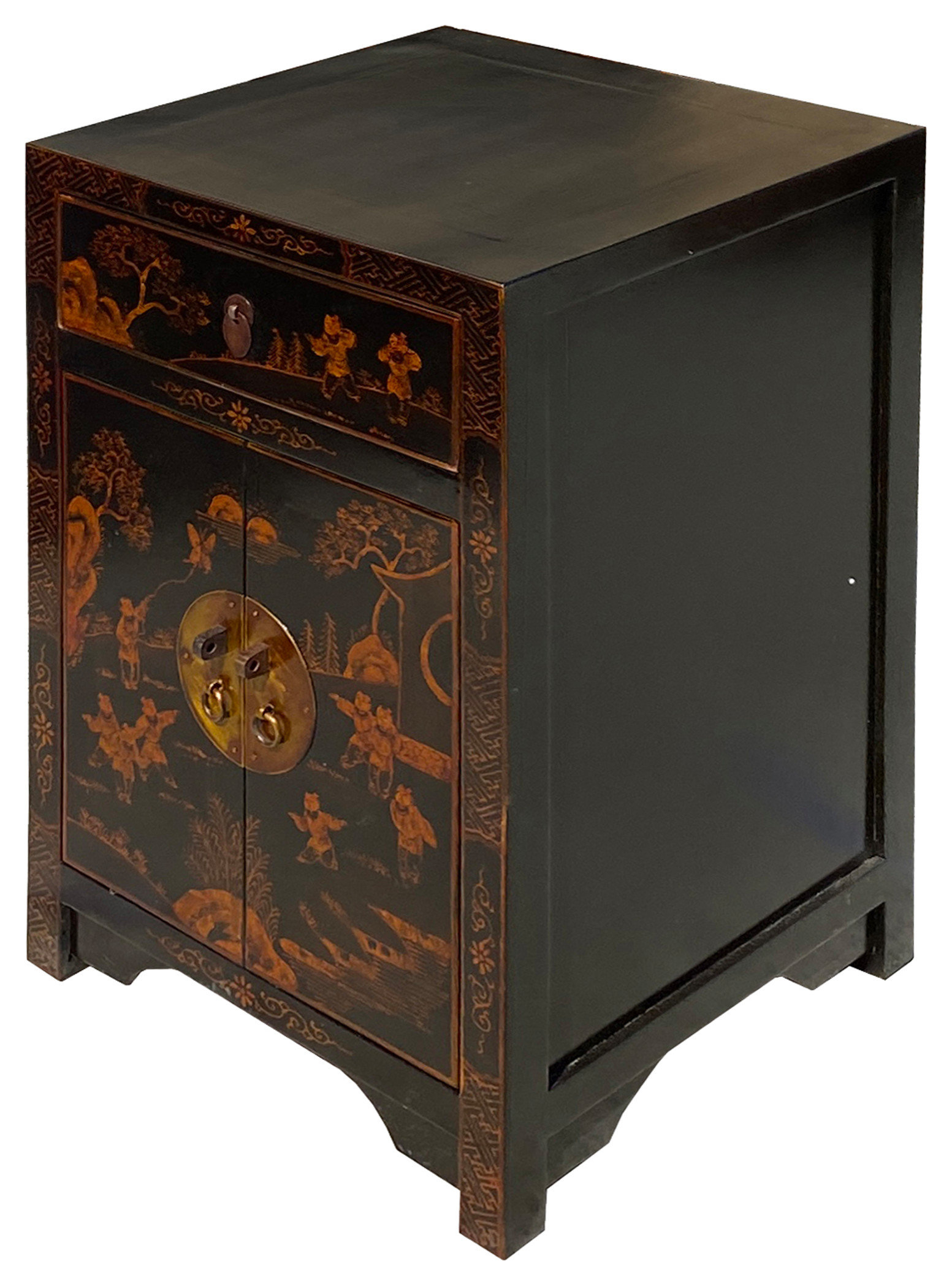 Chinese Distressed Black Copper Scenery Graphic End Table Nightstand ...