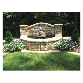 water feature, sculpture, Fieldstone columns sitting wall, edging and ...