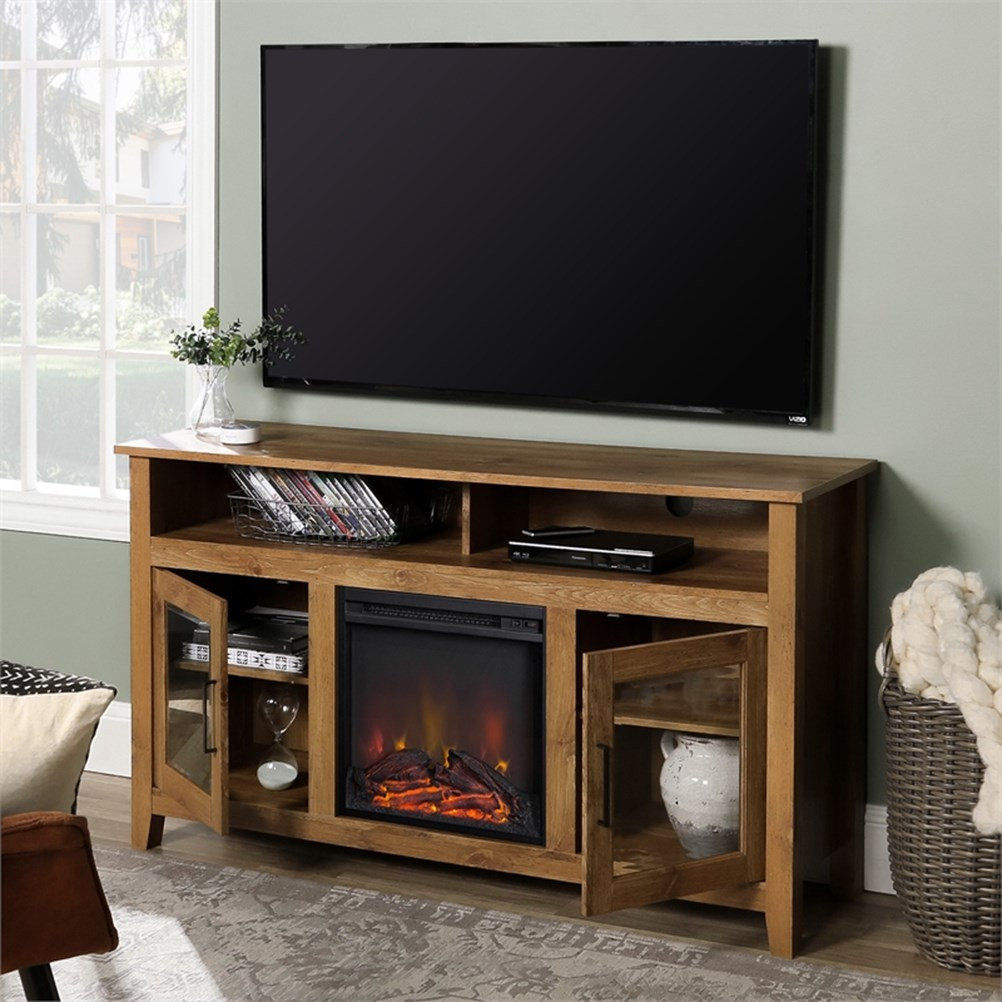 Pemberly Row 58" MDF Transitional Fireplace Glass Wood TV Stand ...