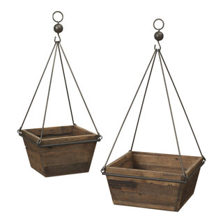 Set of 2, Assorted Wood and Metal Planters - Rustic - Outdoor Pots And ...