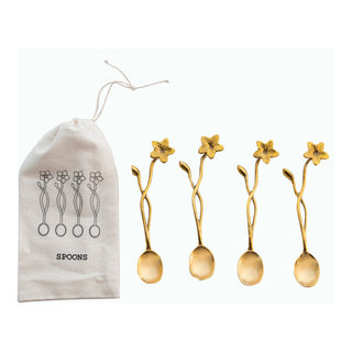 Farmhouse Brass Spoons with Flower Handles in Drawstring Bag, Brass ...