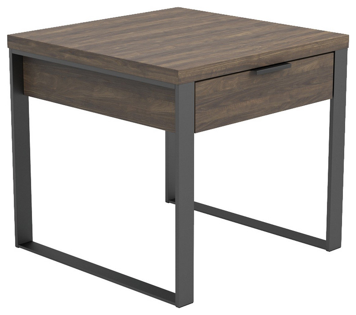 1 Drawer Square End Table with Metal Sled Base, Walnut Brown ...
