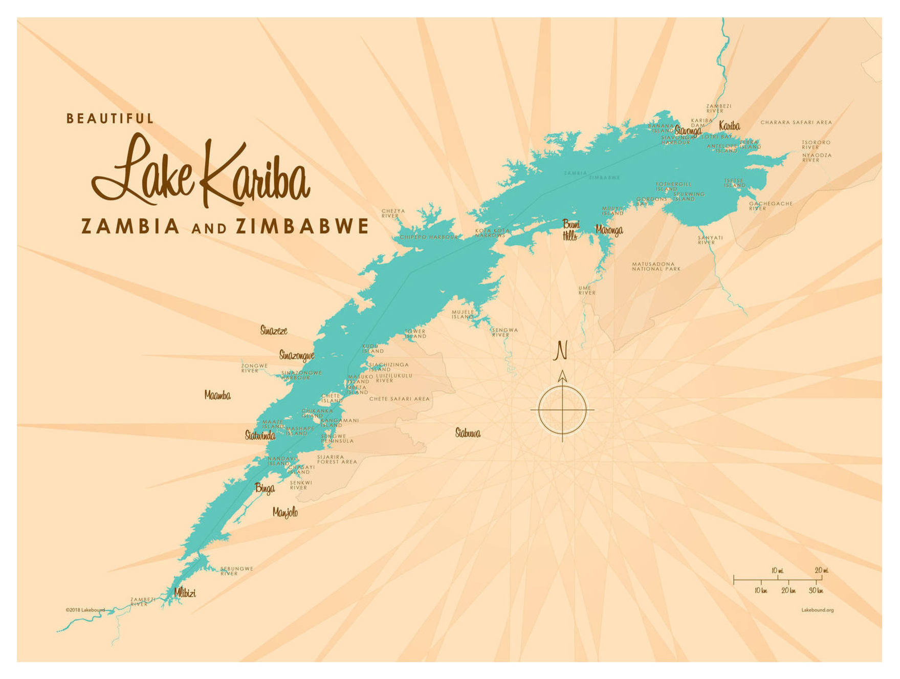 Lakebound Lake Kariba, Zambia & Zimbabwe Map Art Print, 9"x12 ...
