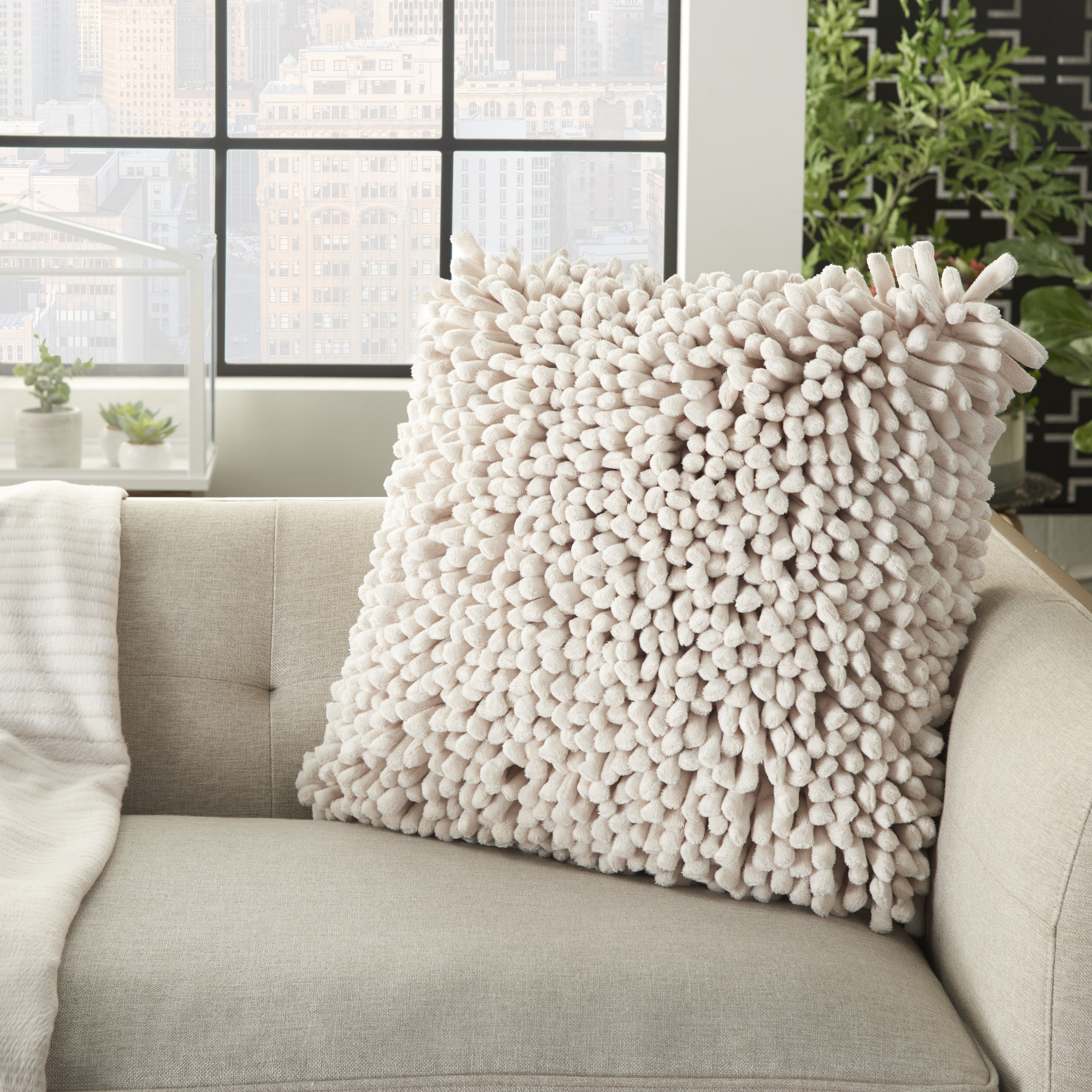 Mina Victory Sofia Velvet Sponge Finger 20" x 20" Ivory Indoor Throw ...