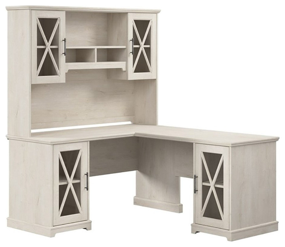 Bowery Hill Engineered Wood L-Shaped Desk with Hutch in Linen White Oak ...