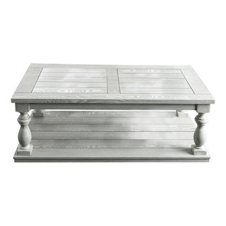 Antique White Rustic Coffee Table with Plank Top, Lower Shelf, and ...