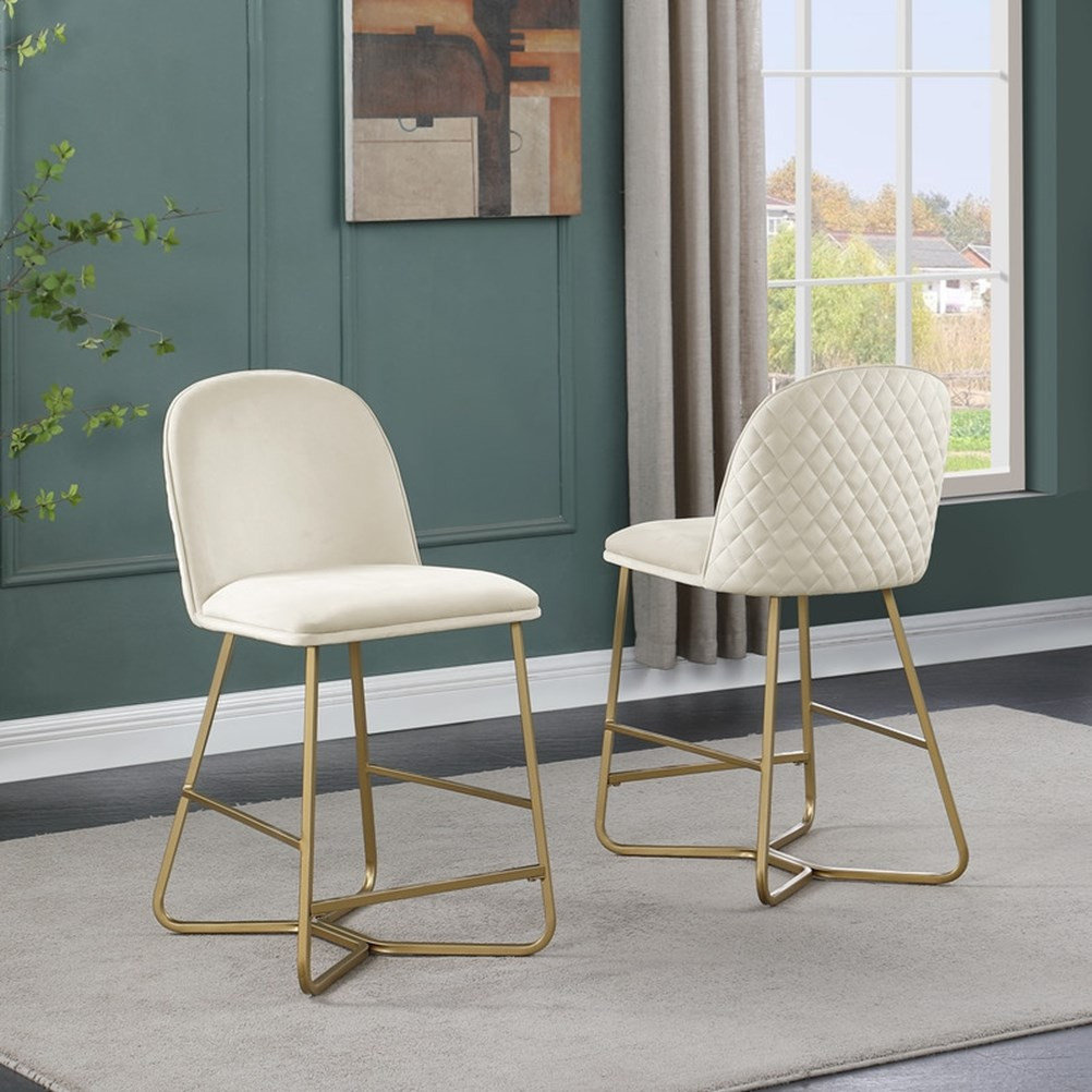 Quilted Back Counterheight Chairs 24" Set of 2 in Cream Velvet and Gold ...