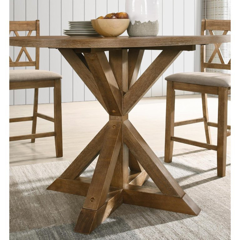 Rustic Dining Table, Cross-Buck Pedestal Base With Round Wooden Top, Cottage Oak - Transitional ...