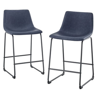 24" Industrial Faux Leather Counter Stools in Navy Blue (Set of 2 ...