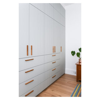 Master Wardrobe with V-groove Cabinetry - Beach Style - Wardrobe ...