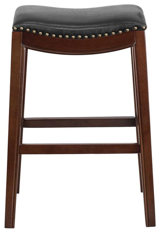 30" High Backless Cappuccino Wood Barstool With Black Leather Seat ...