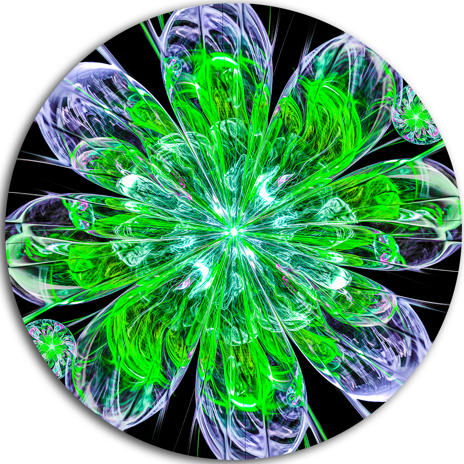 Shiny Green Purple Fractal Flower on Black, Floral Round Artwork, Disc ...