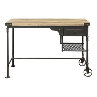 Wood And Metal Desk With One Drawer And One Open Shelf, Oak Brown And ...