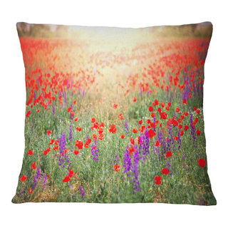 Expansive Poppy Field At Sunset Floral Throw Pillow, 16"x16 - Farmhouse ...