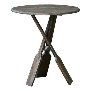 Round Boat Oar Accent Table Distressed Brown Blue Solid Wood Nautical ...
