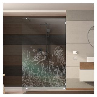 Frameless Frosted Glass Shower Screen Panel with Nice Sandblasted Design, 43-1/2" X 75 ...
