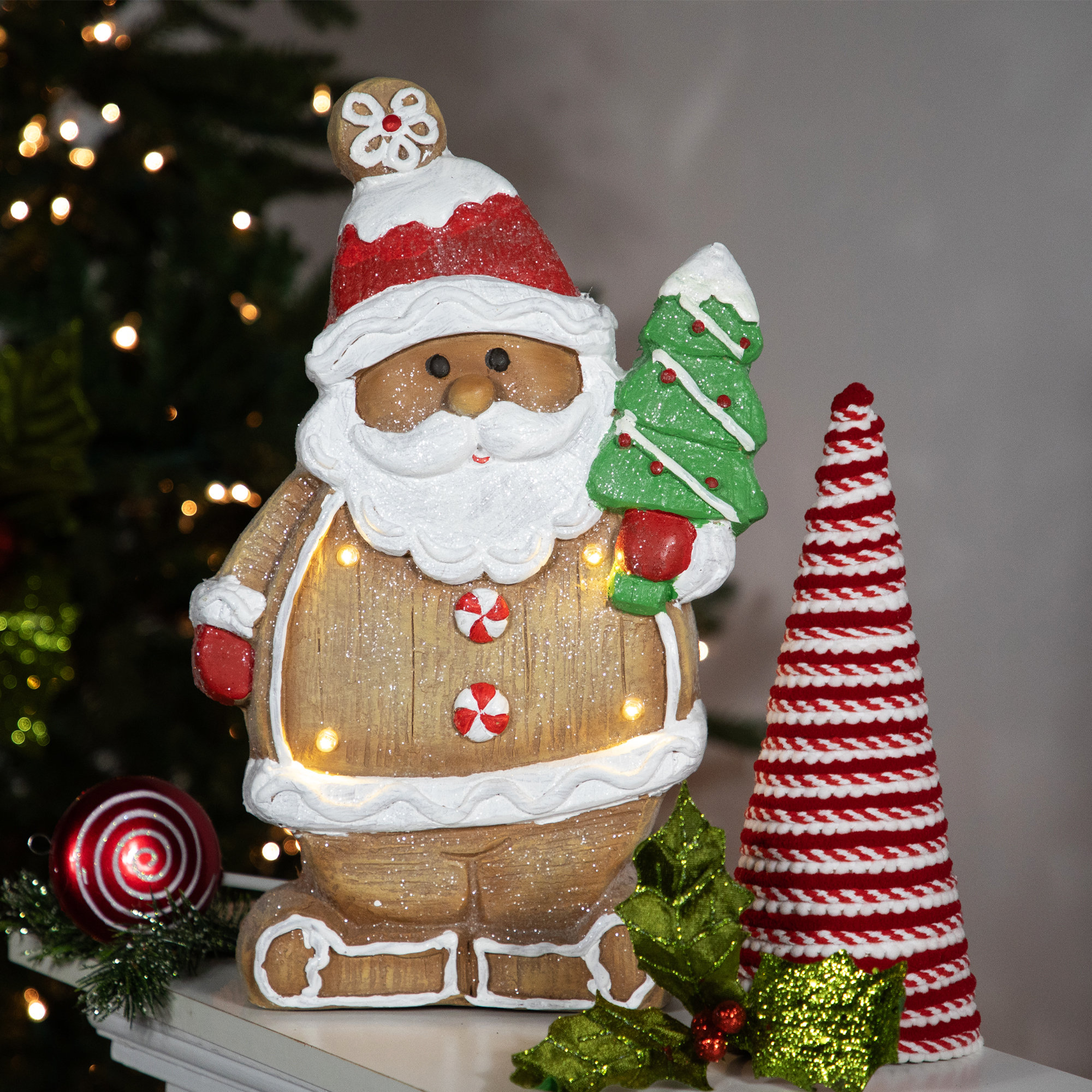 16" Lighted Gingerbread Santa With Christmas Tree Tabletop Figurine ...
