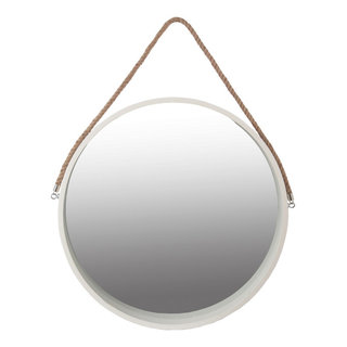 Round Wooden Frame Wall Mirror with Rope Hanger, Small, White and Brown ...