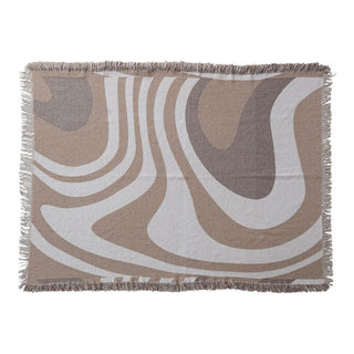Woven Reclaimed Cotton Blend Throw With Wave Design and Fringe, Brown ...