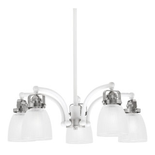 Easton, 5 Light, Chandelier, White & Brushed Nickel, 5" Clear Ribbed ...