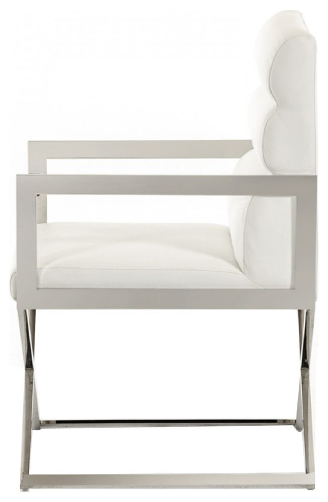 Leatherette Dining Chair with Stainless Steel Arms, White and Silver ...