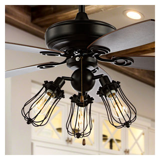 Lucas 52" Caged 3-Light Metal and Wood LED Ceiling Fan, Black ...