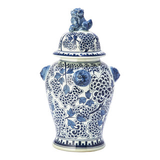 Two's Company BLF150-PF Blue & White Peony Flower Covered Temple Jar ...