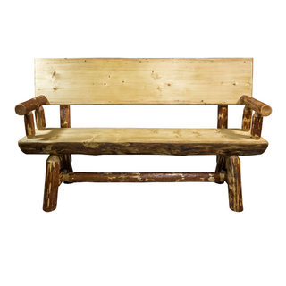 Glacier Country Half Log Bench with Back & Arms, Exterior Stain Finish ...