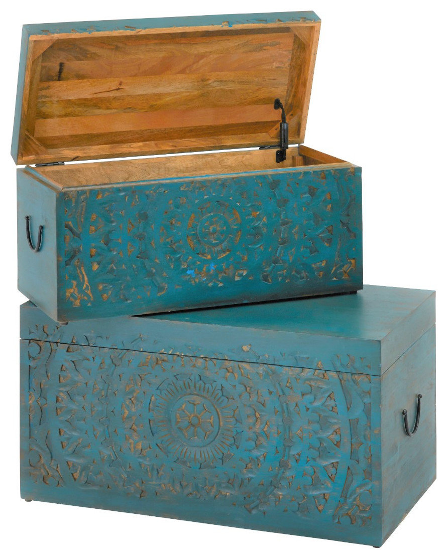 Set of 2 Rectangular Carved Distressed Blue Storage Trunks Blue Boho ...