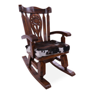 Wooden Rocking Chair Handcarved Back Removable Hair-On Cowhide Pillow ...