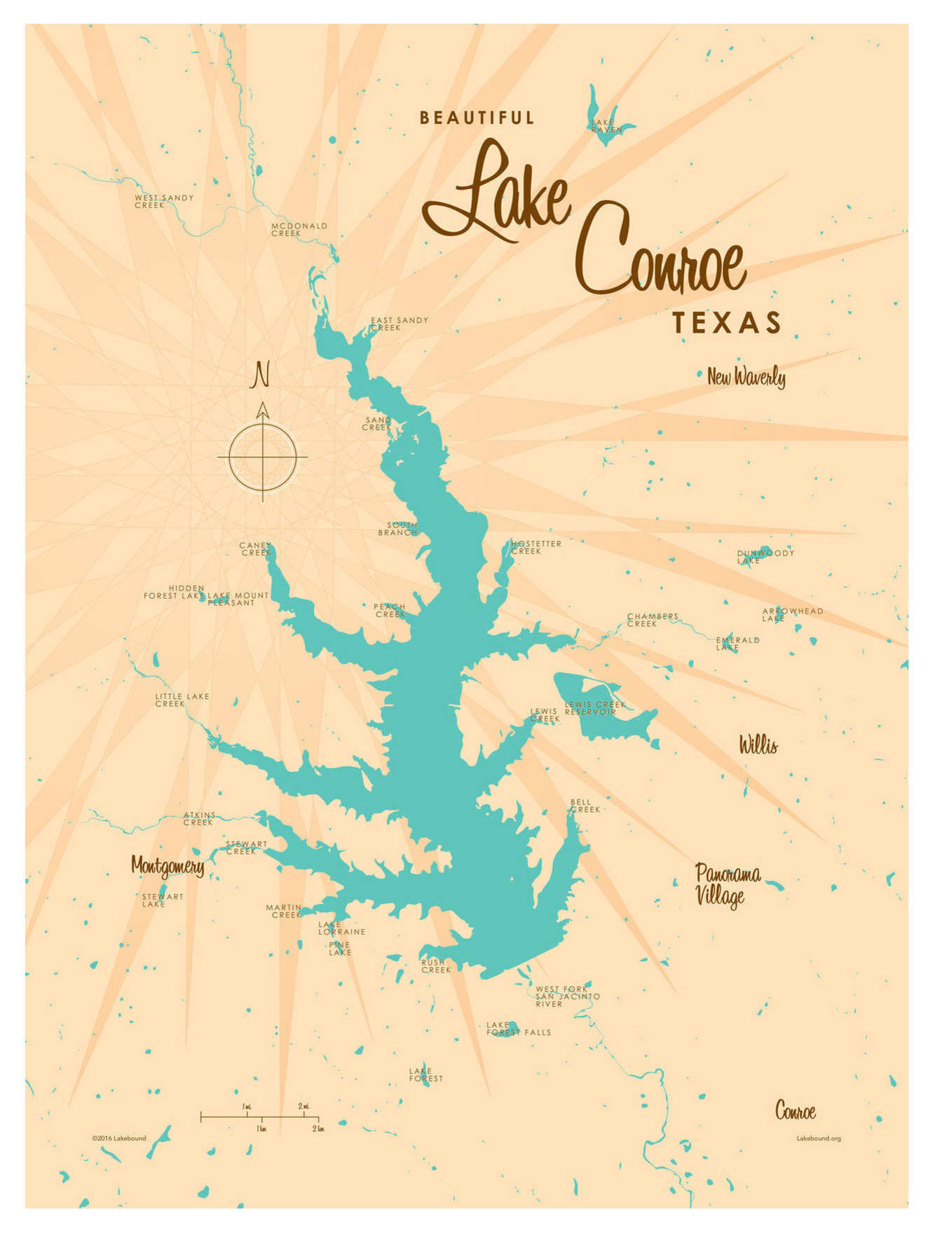 Lakebound Lake Conroe Map Art Print, 9"x12" - Contemporary - Fine Art ...