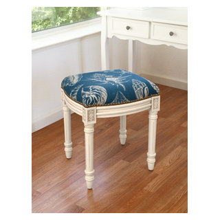 Navy Blue Seashells Linen Upholstered Vanity Stool With Nailheads ...
