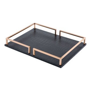 Modern Contemporary Decorative Boxe Tray Decor, Black, Faux Leather ...