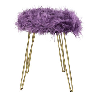 Fauxfur Purple Vanity Foot Stool With Golden Metal Legs, Set of 1 ...