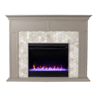 Maklaine Transitional Color Changing Marble Tiled Fireplace in Gray ...