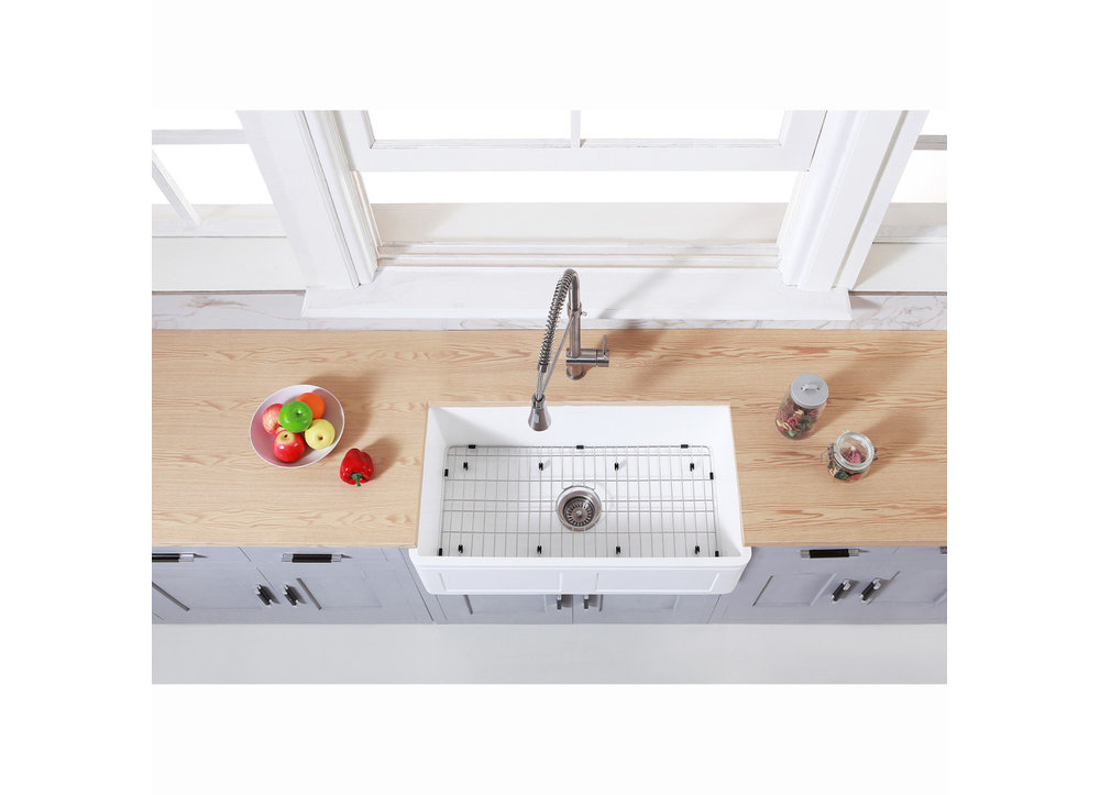 Gourmetier Farmhouse Kitchen Sink, Matte White/Brushed, 33"Lx18"Wx9.56 ...
