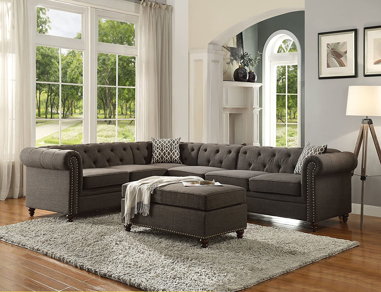 Classic Sectional Sofa with Button Tufted Back, Rolled Arms and ...