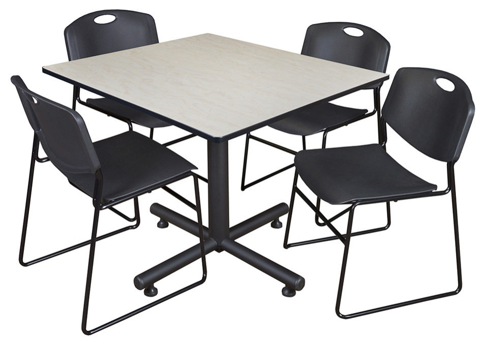 Kobe 48 Square Breakroom Table- Maple & 4 Zeng Stack Chairs- Black ...