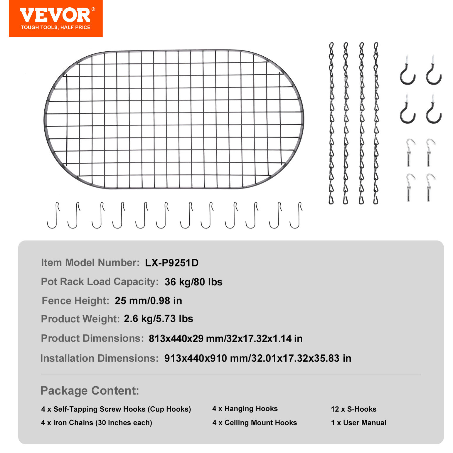 VEVOR Hanging Pot Rack Ceiling Mount 32" Ceiling Pot Rack With 12 S ...