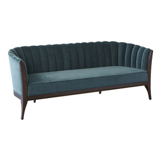 Dragonfly Aqua Blue Velvet Channel Back Sofa Vintage Style Retro Curved ...