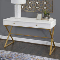 Contemporary Desk with X-Shaped Legs and 2 Storage Drawers, White/Brass ...