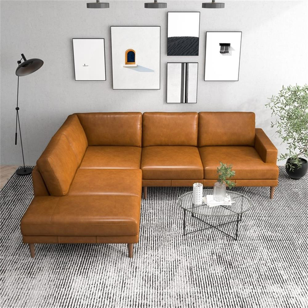 Aplee Modern Living Room Genuine Leather Corner Sectional Couch in ...